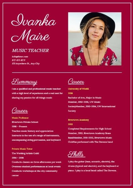 Music Art Teacher CV Resume Template And Ideas For Design Fotor
