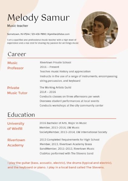Customizable Light Orange Music Teacher Resume Resume Templates Fotor 